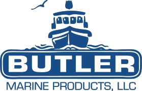 Logo of Butler Marine Products featuring a boat and a bird. - Butler Marine